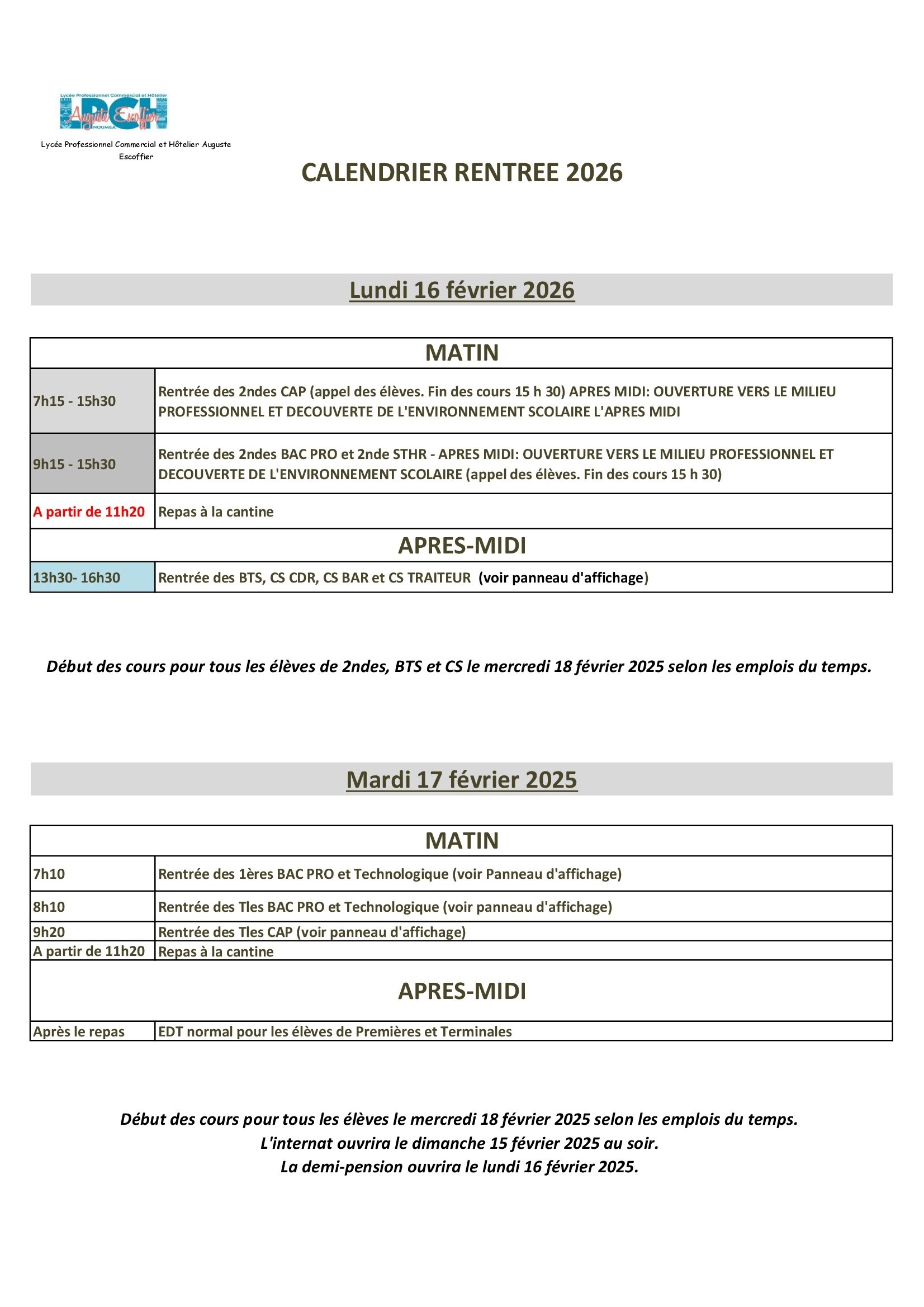 Informations de fermeture 2025 et calendrier de la rentrée 2026 - Lycée ...